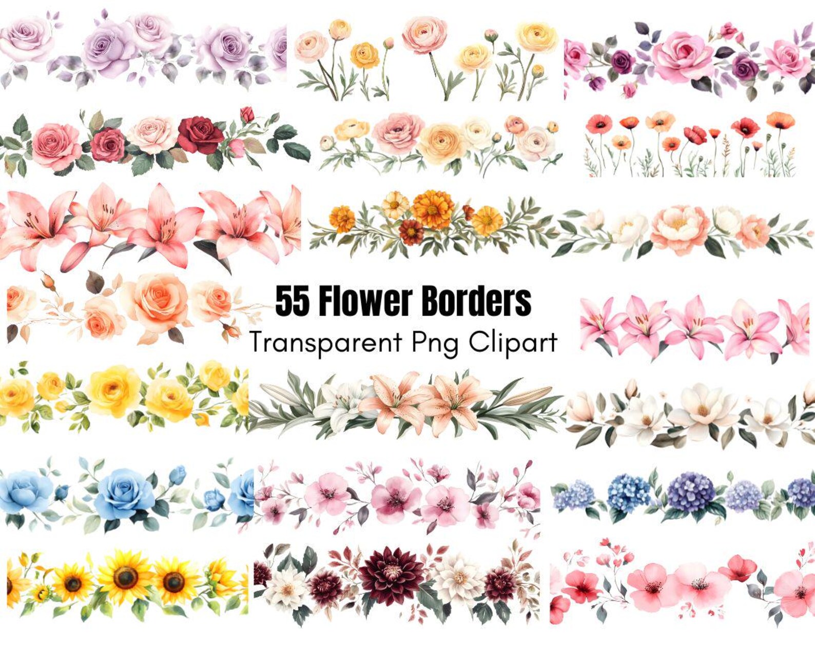 Watercolor Flower Borders Clipart, Floral PNG Graphics (55 Files) - Etsy