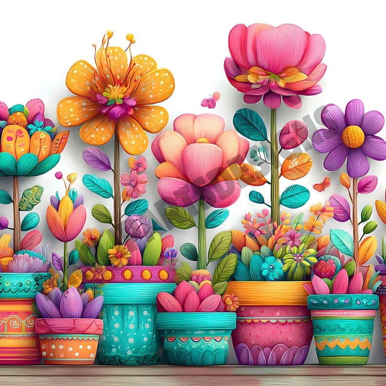 Whimsical Flower Pot Clipart Bundle: Colorful Fantasy Floral (digital ...