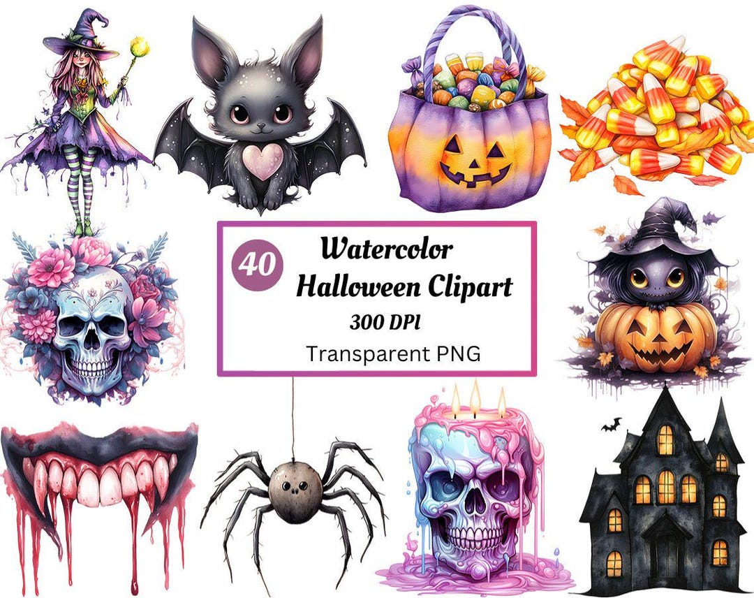 Watercolor Halloween Clipart Bundle | 45 Spooky Pngs | Haunted House ...