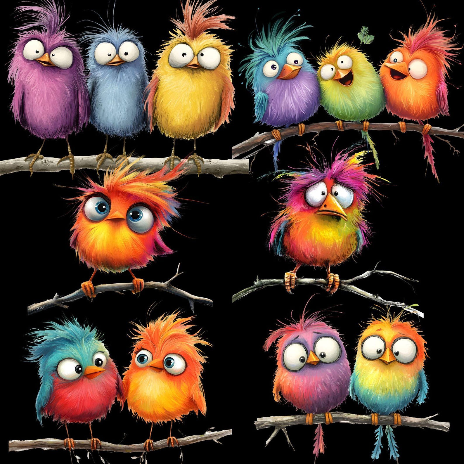 Quirky Bird Clipart, Funny Bird PNG Bundle, Whimsical Watercolor Birds ...