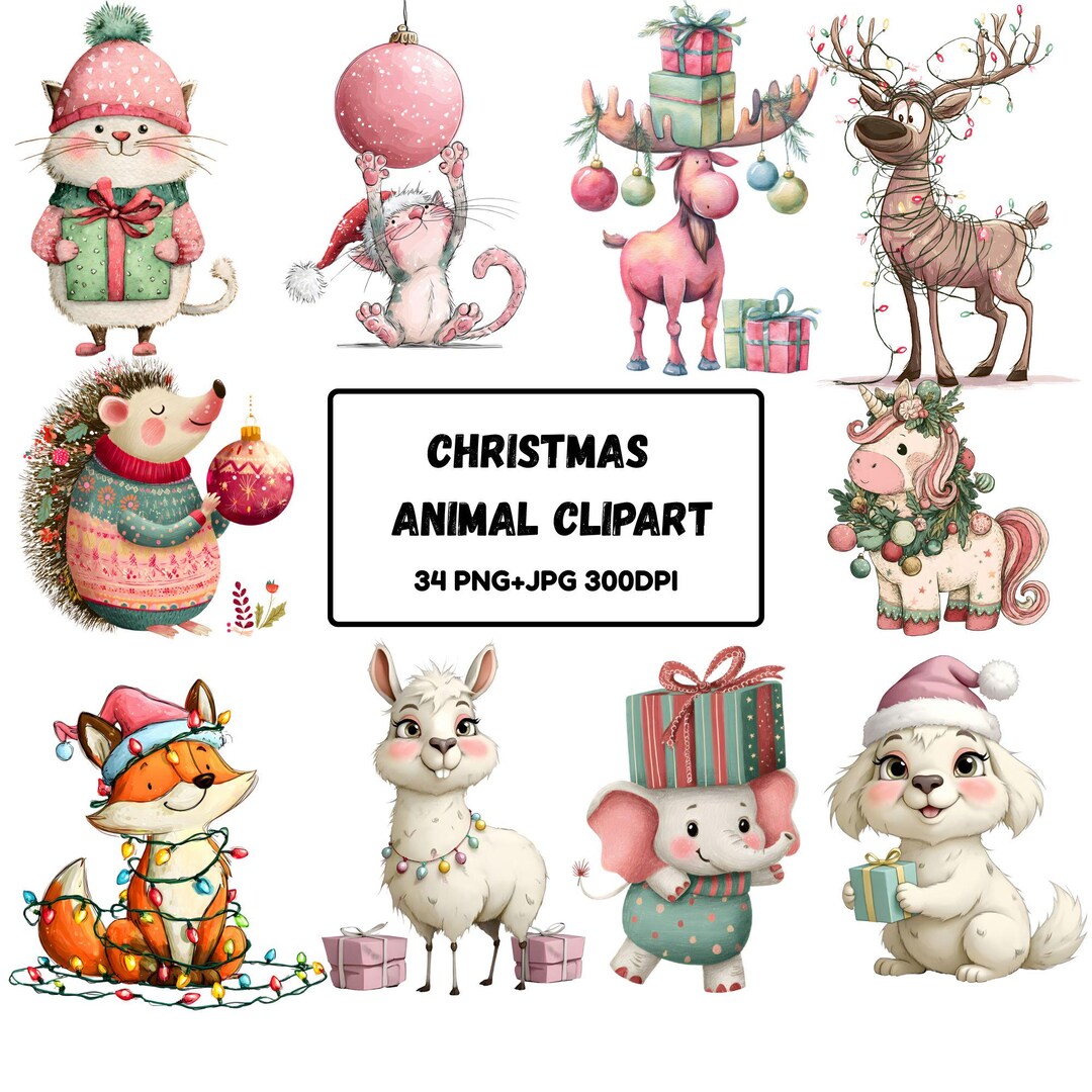 Watercolor Christmas Animals Clipart: Holiday PNG JPG Set (digital ...