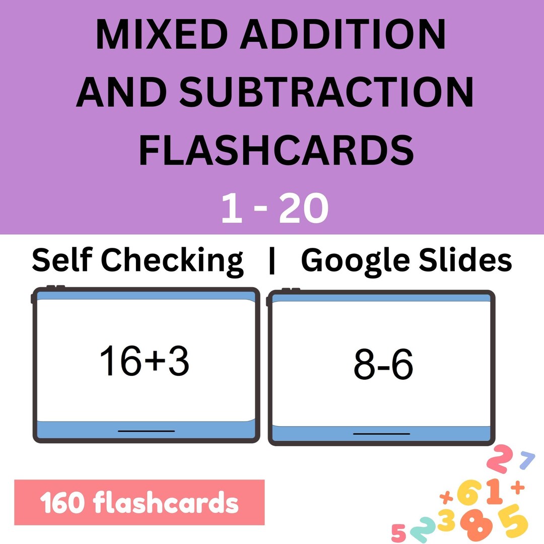 Digital Math Flashcards Mixed Addition/subtraction 1-20 - Etsy