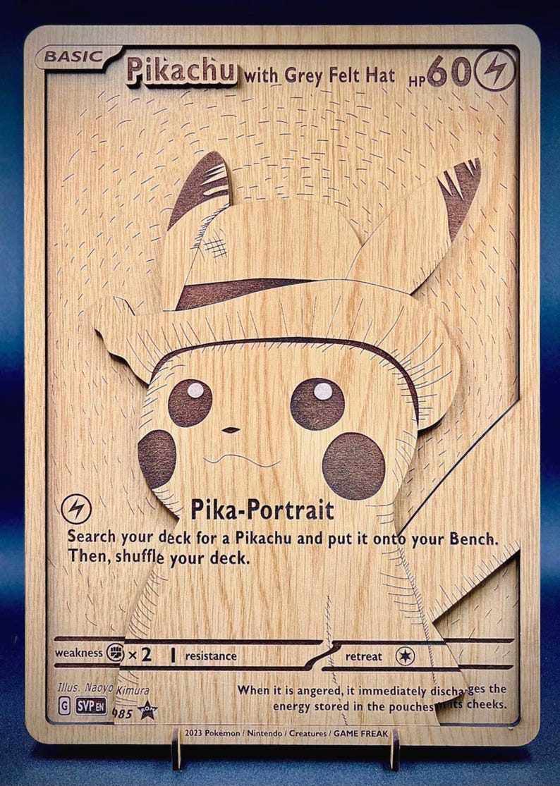 Pikachu With Grey Felt Hat Wood Pokemon Card SVP 085 - Etsy