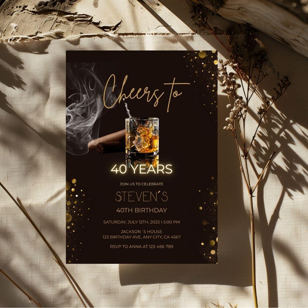 40th Birthday Invitation Men | Whiskey & Cigar Theme | Editable Canva ...