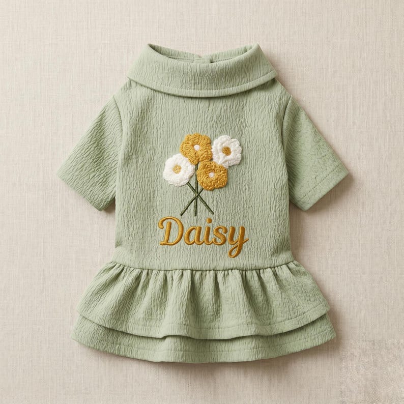 Personalized Embroidered Dog Dress, Sage Green Daisy Floral Pet Outfit ...