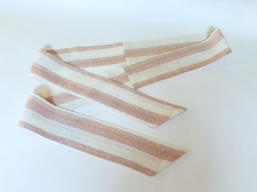 Eco Long Wrap TIE Belt / Ivory Pink Stripe Slub Linen / Organic Sash ...