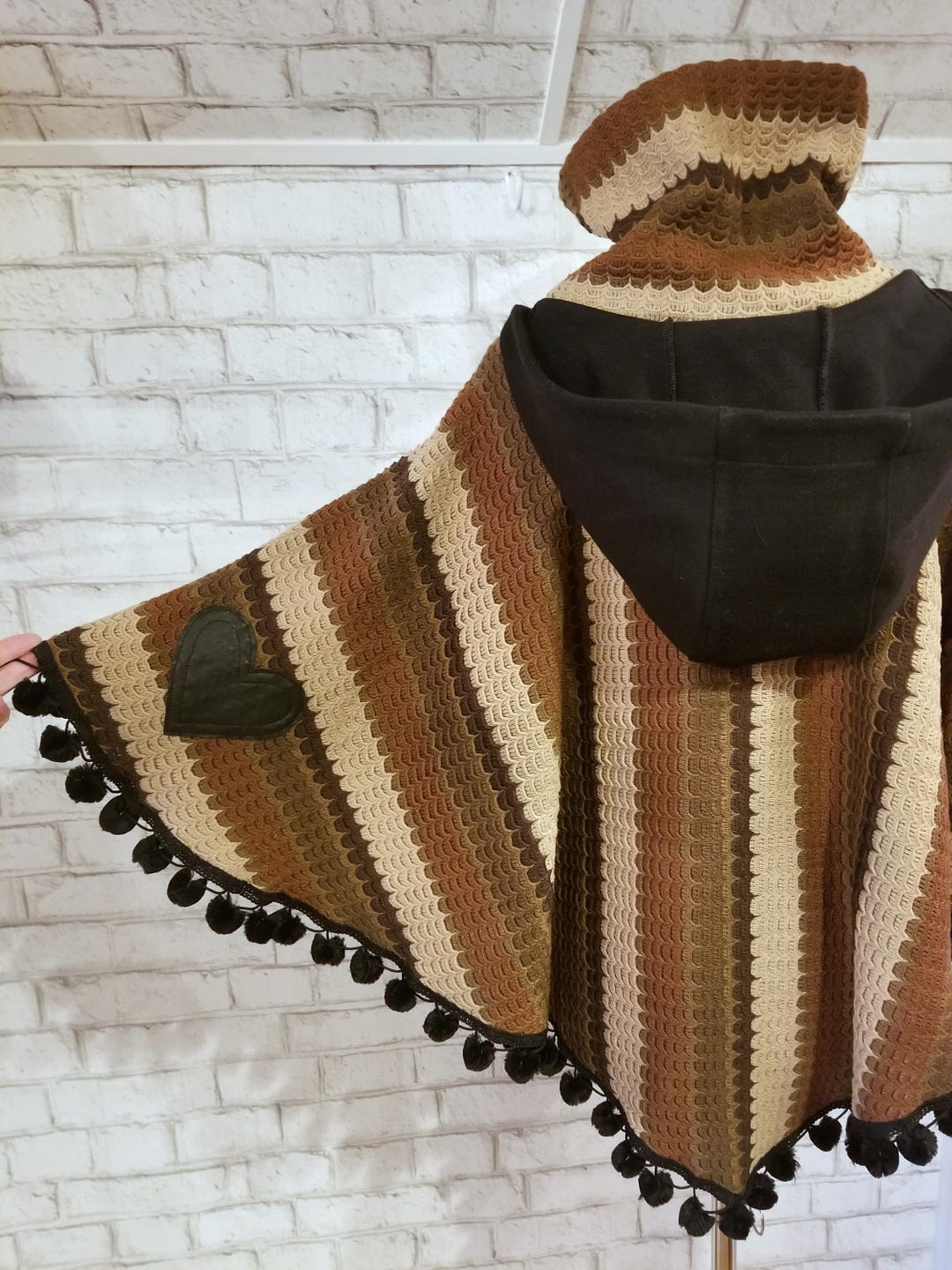 Eco HOODED Poncho / Earthtone Retro Cotton Crochet Sweater Knit Pom Pom ...