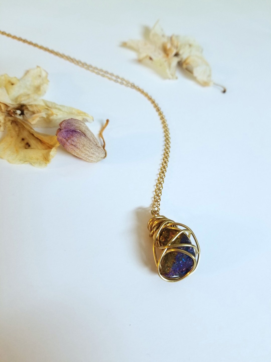 Peacock Ore Gemstone Necklace: 14k Gold Cable Chain, Bornite Talisman ...