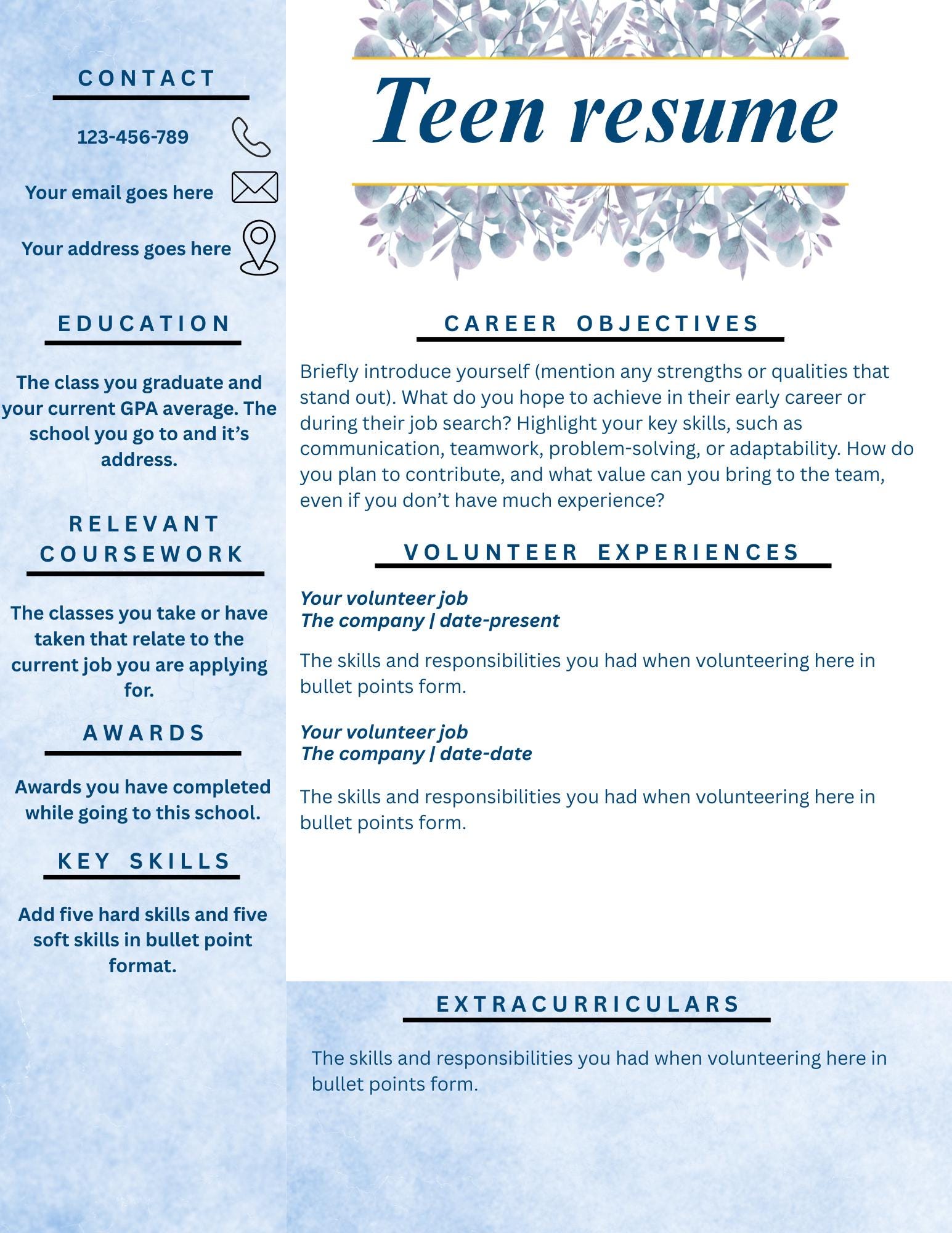 Teen Resume Template - Etsy