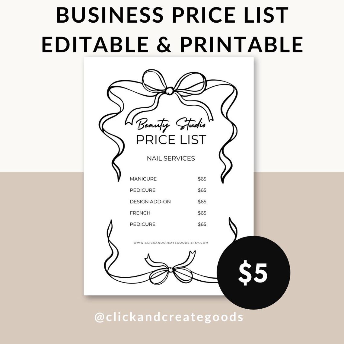 Simple Price List Menu | Editable Template - Etsy