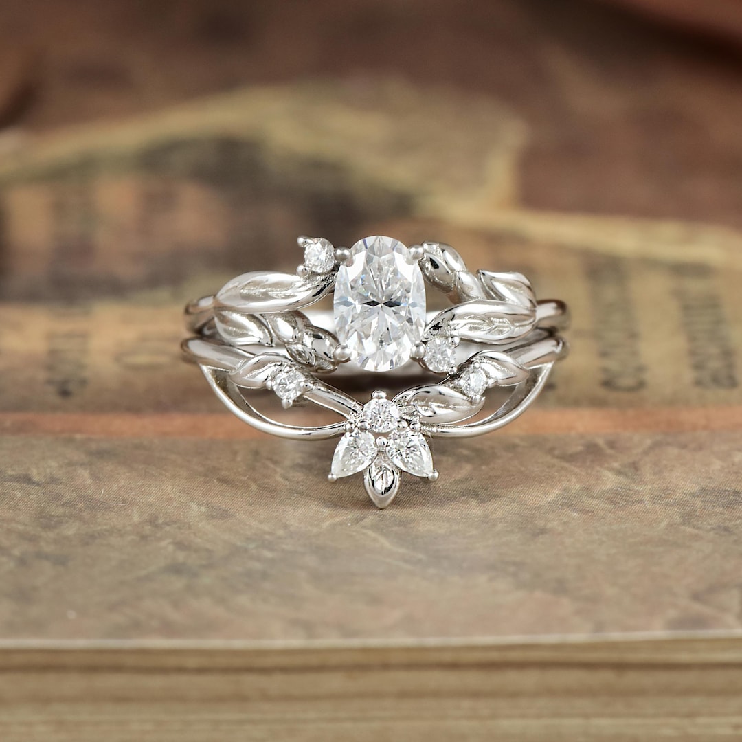 Leaf Moissanite Engagement Ring Set: Sterling Silver Branch & Flower ...