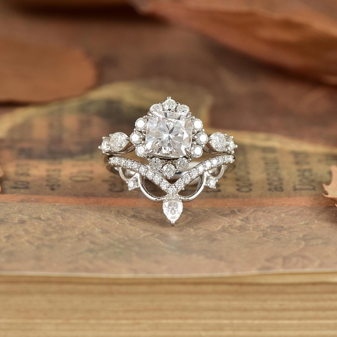 Vintage Moissanite Bridal Ring Set Art Deco Flower Engagement Ring Set ...