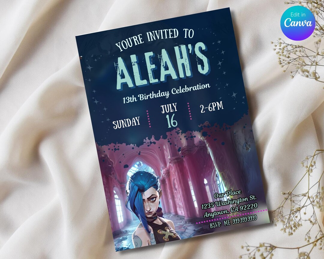 Arcane Birthday Invite: Jinx & Powder, League of Legends (editable 5x7 ...