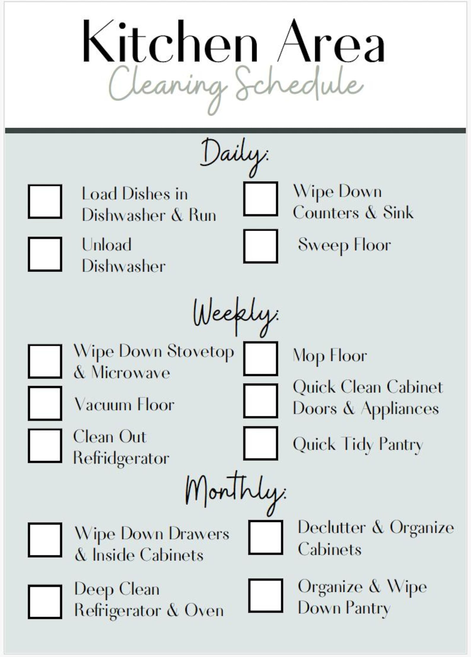 Kitchen Area Cleaning Checklist - Etsy