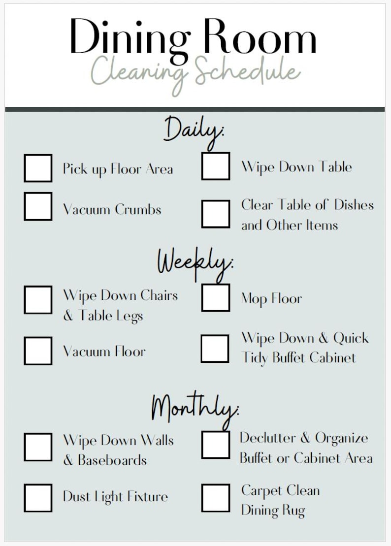 Dining Room Cleaning Checklist - Etsy