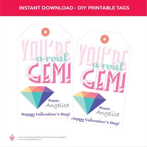 You're a Gem, Gem Valentine's Tag, Printable Valentine's, Gift Tag ...