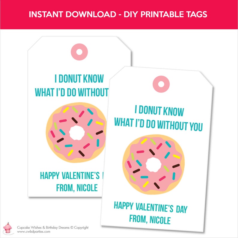I Donut Know What I'd Do Without You, Valentine's Favor Tag, Punny ...