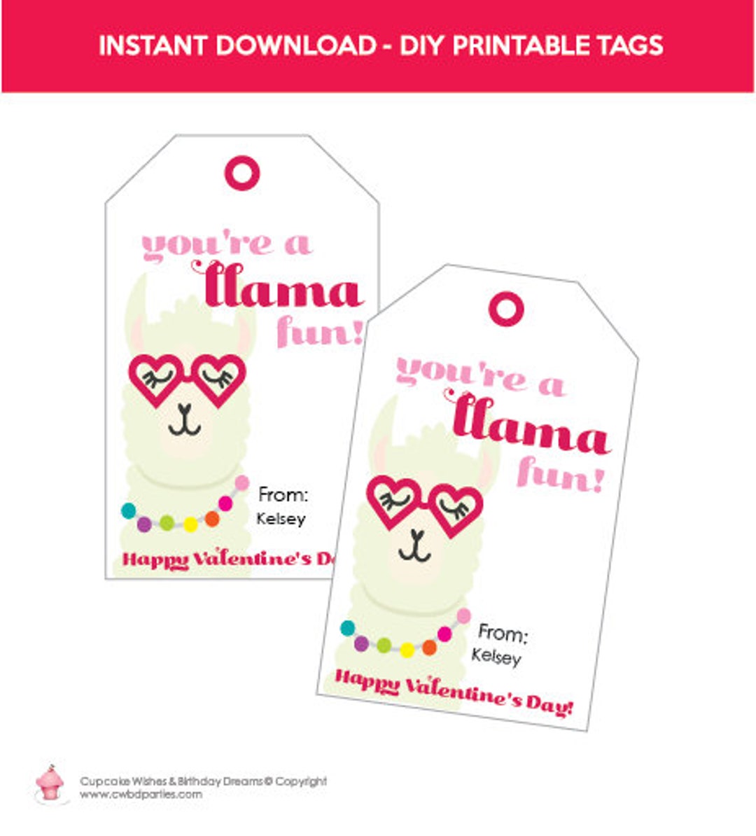 Llama Valentine, You're a Llama Fun Valentine Llama Favor Tag, Llama ...