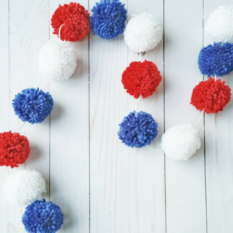 Red White and Blue Patriotic July 4th Yarn Pom Pom Garland - Etsy