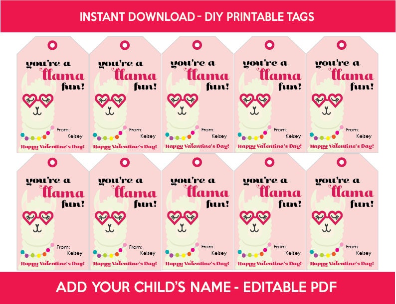 Llama Valentine, You're a Llama Fun Valentine Llama Favor Tag, Llama ...