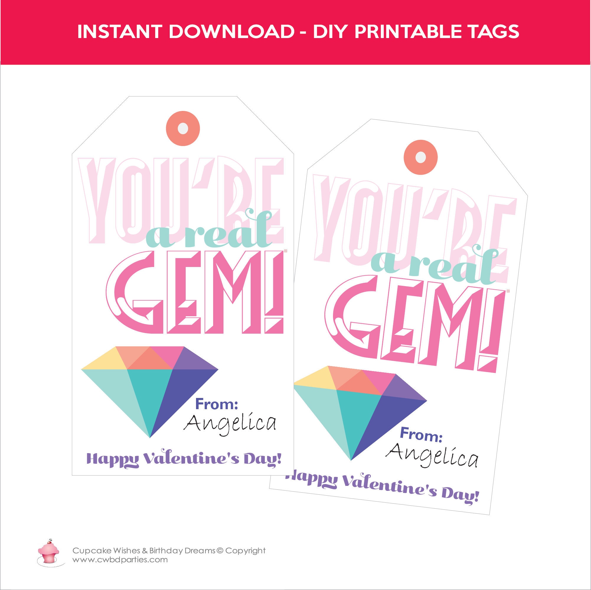 You're a Gem, Gem Valentine's Tag, Printable Valentine's, Gift Tag ...