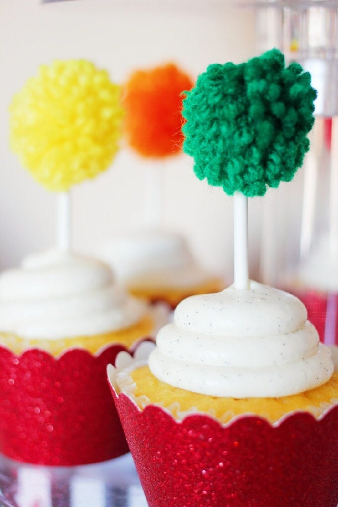 Yarn Pom Pom Cupcake Toppers | Rainbow Party Decor - Etsy