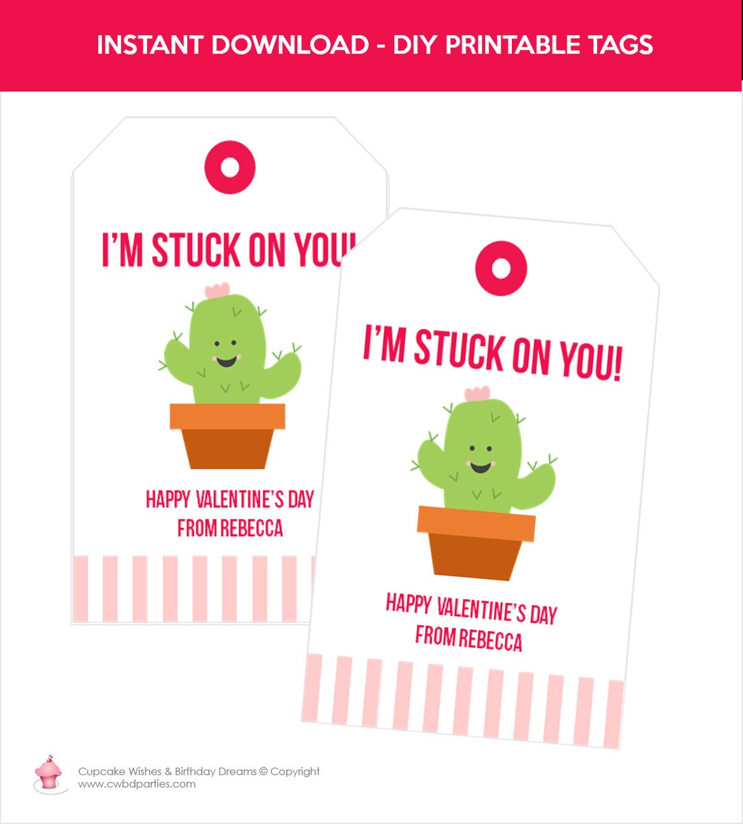 I'm Stuck on You Punny Valentine Printable Tag, Cactus Valentine, Kid ...