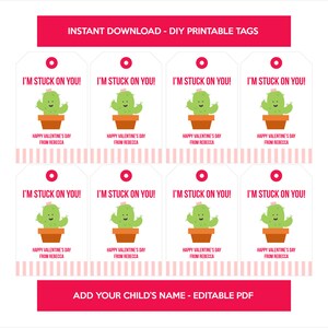 I'm Stuck on You Punny Valentine Printable Tag, Cactus Valentine, Kid ...