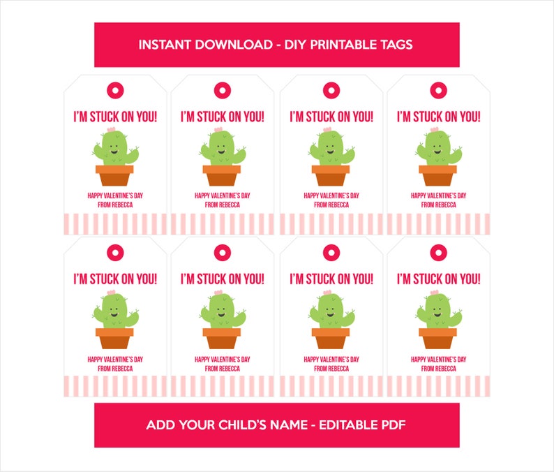 I'm Stuck on You Punny Valentine Printable Tag Cactus | Etsy