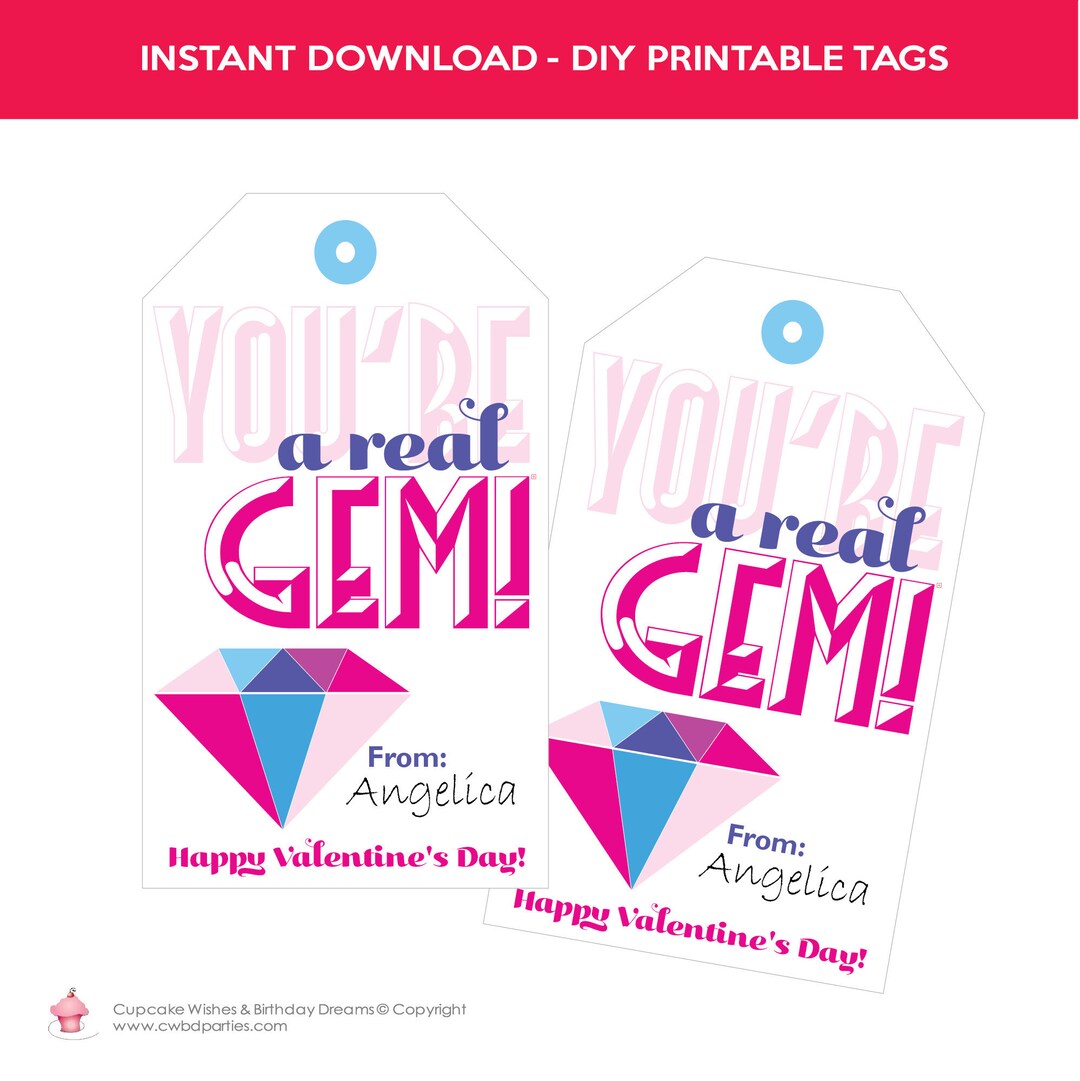 You're a Gem, Gem Valentine's Tag, Printable Valentine's, Gift Tag ...
