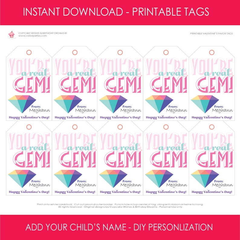 You're a Gem Gem Valentine's Tag Printable - Etsy