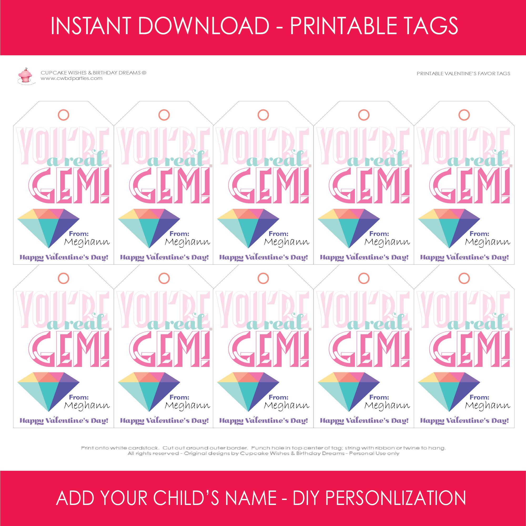 You're a Gem, Gem Valentine's Tag, Printable Valentine's, Gift Tag ...