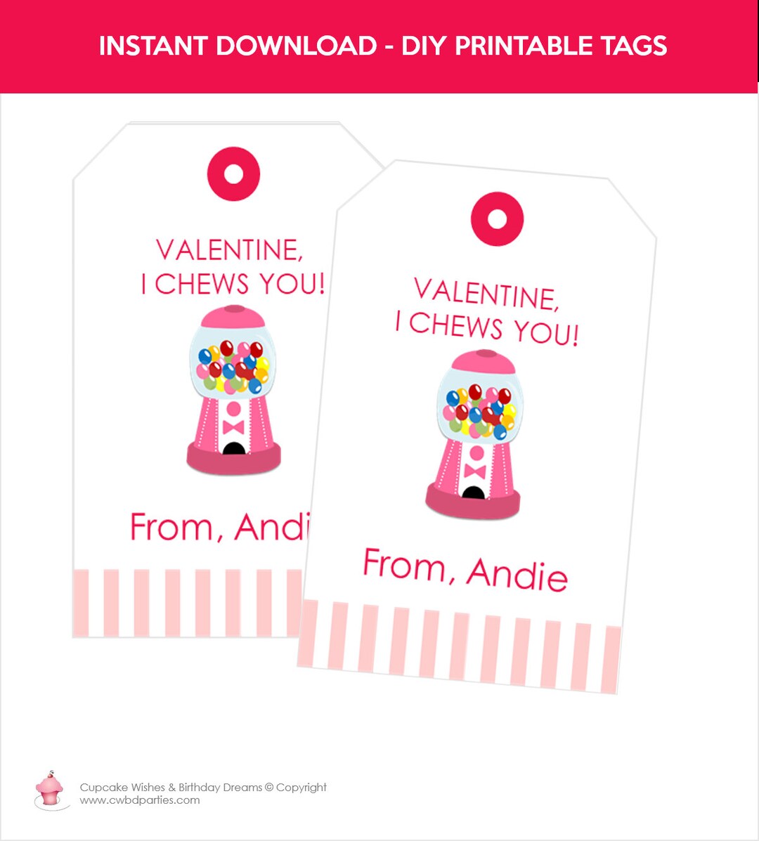 I Chews You Bubblegum Valentine, Favor Tag, Punny Valentine's, Kid ...