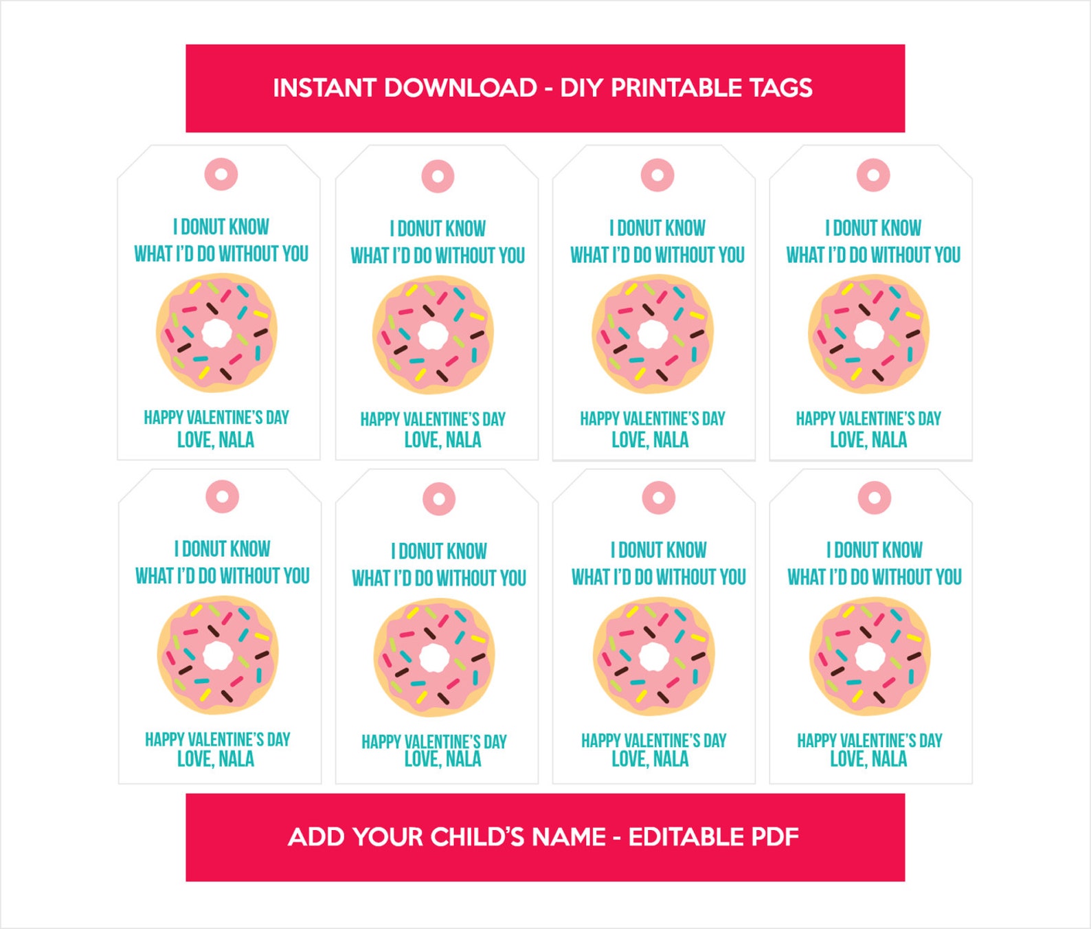 I Donut Know What I'd Do Without You, Valentine's Favor Tag, Punny ...