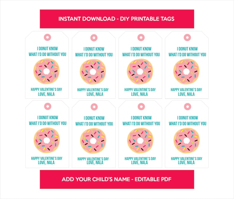 I Donut Know What I'd Do Without You, Valentine's Favor Tag, Punny ...