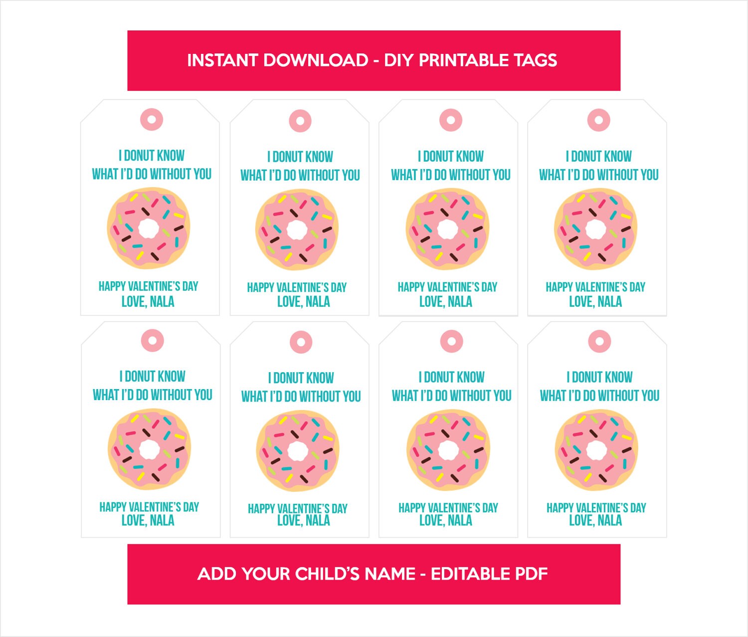 I Donut Know What I'd Do Without You, Valentine's Favor Tag, Punny ...