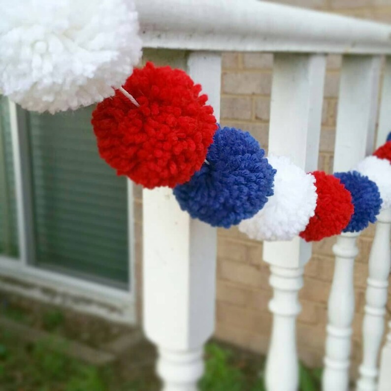 Red White and Blue Patriotic July 4th Yarn Pom Pom Garland - Etsy