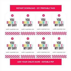 You Brighten My Day Valentine's Favor Tag, Punny Valentine's, Classroom ...