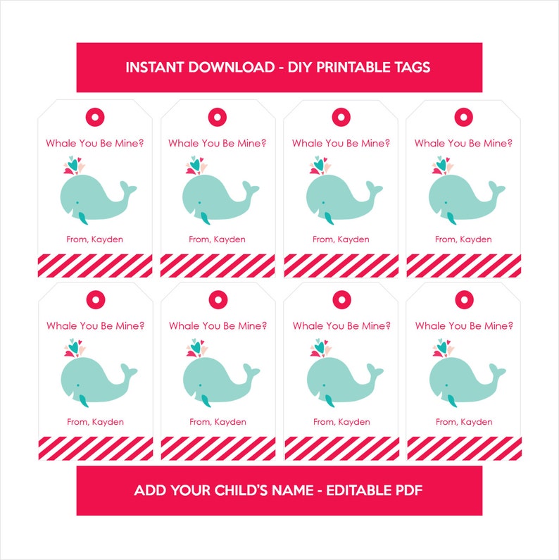 Whale You Be Mine Valentine Favor Tag Punny Valentine's - Etsy
