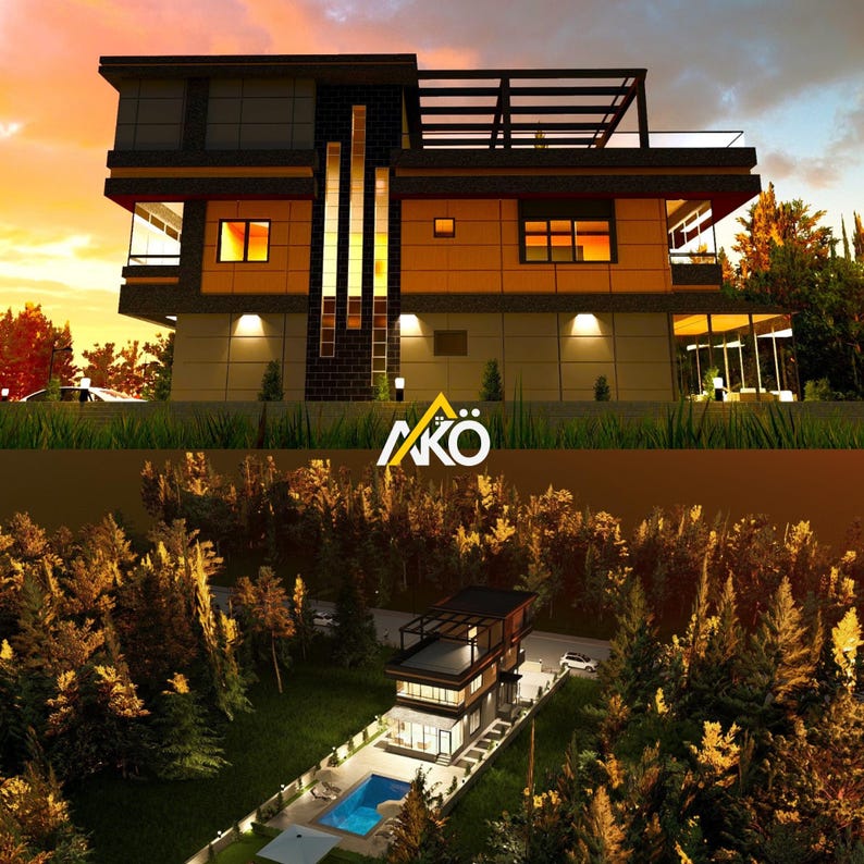 Contemporary Villa CAD Drawings | 3D Renderings + Autocad DWG | Instant ...