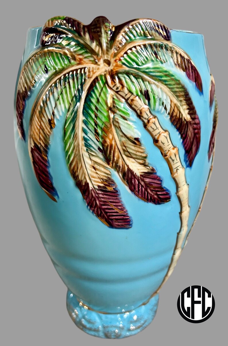Large Blue Vase Palm Tree Design Vintage Beswick Pottery 1970s Decor ...