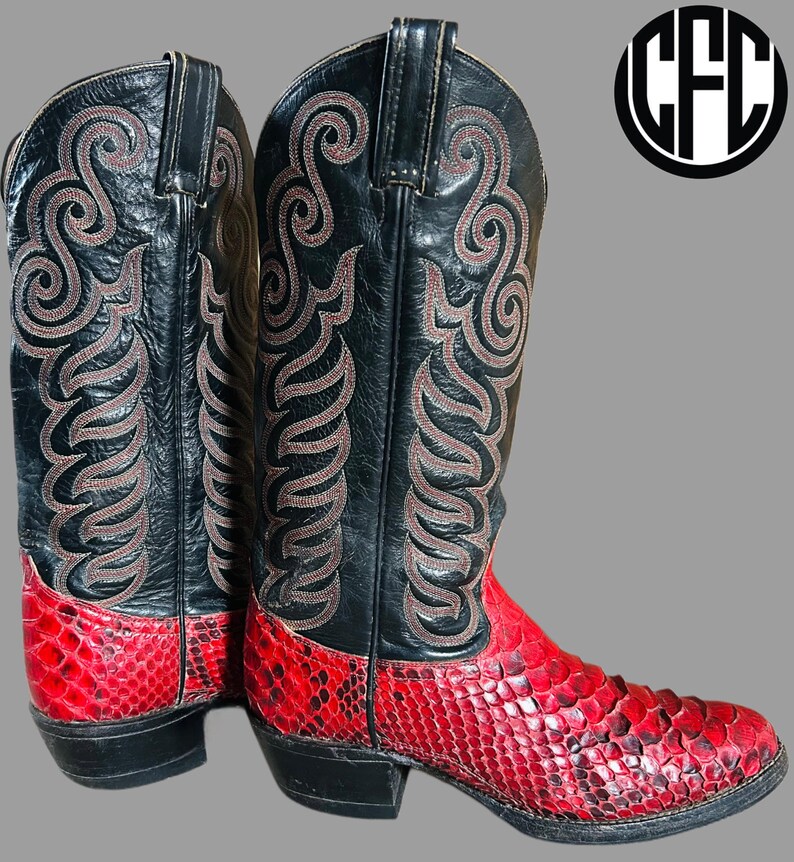 Tony Lama Black and Red Snakeskin Cowboy Boots 70s Vintage Tony Lama ...