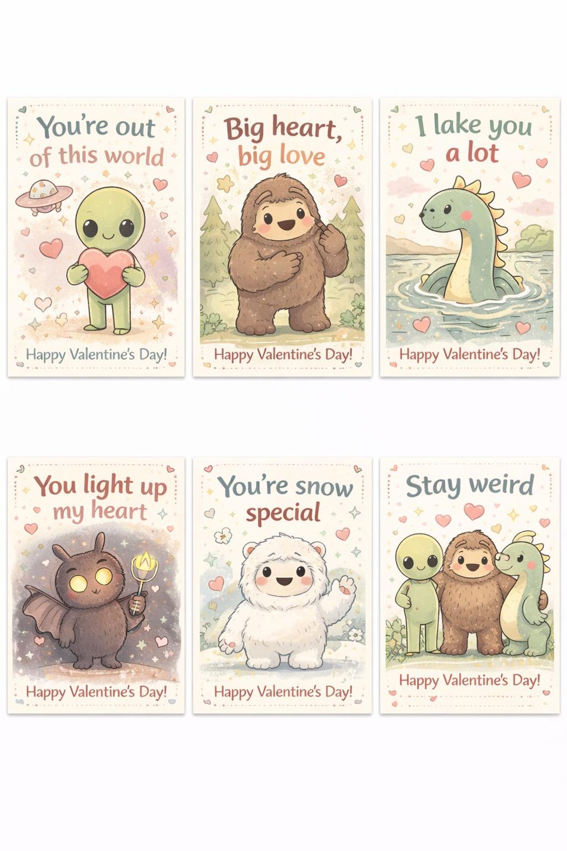 Cryptid Valentine Cards Printable – Cute Alien Bigfoot Loch Ness ...