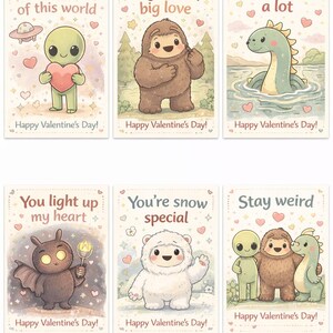 Cryptid Valentine Cards Printable – Cute Alien Bigfoot Loch Ness ...