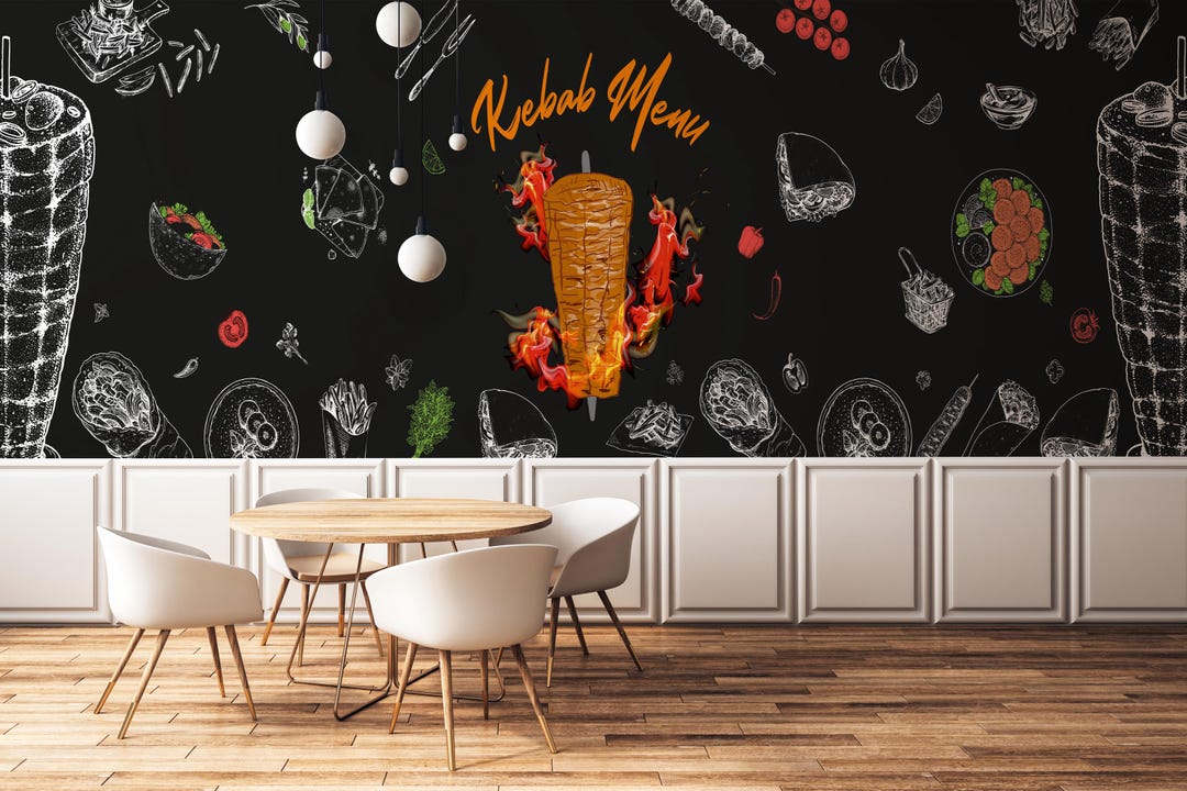 Kebab Menu Wall Mural, Black Doner Kebab Restaurant Wallpaper, Peel and ...