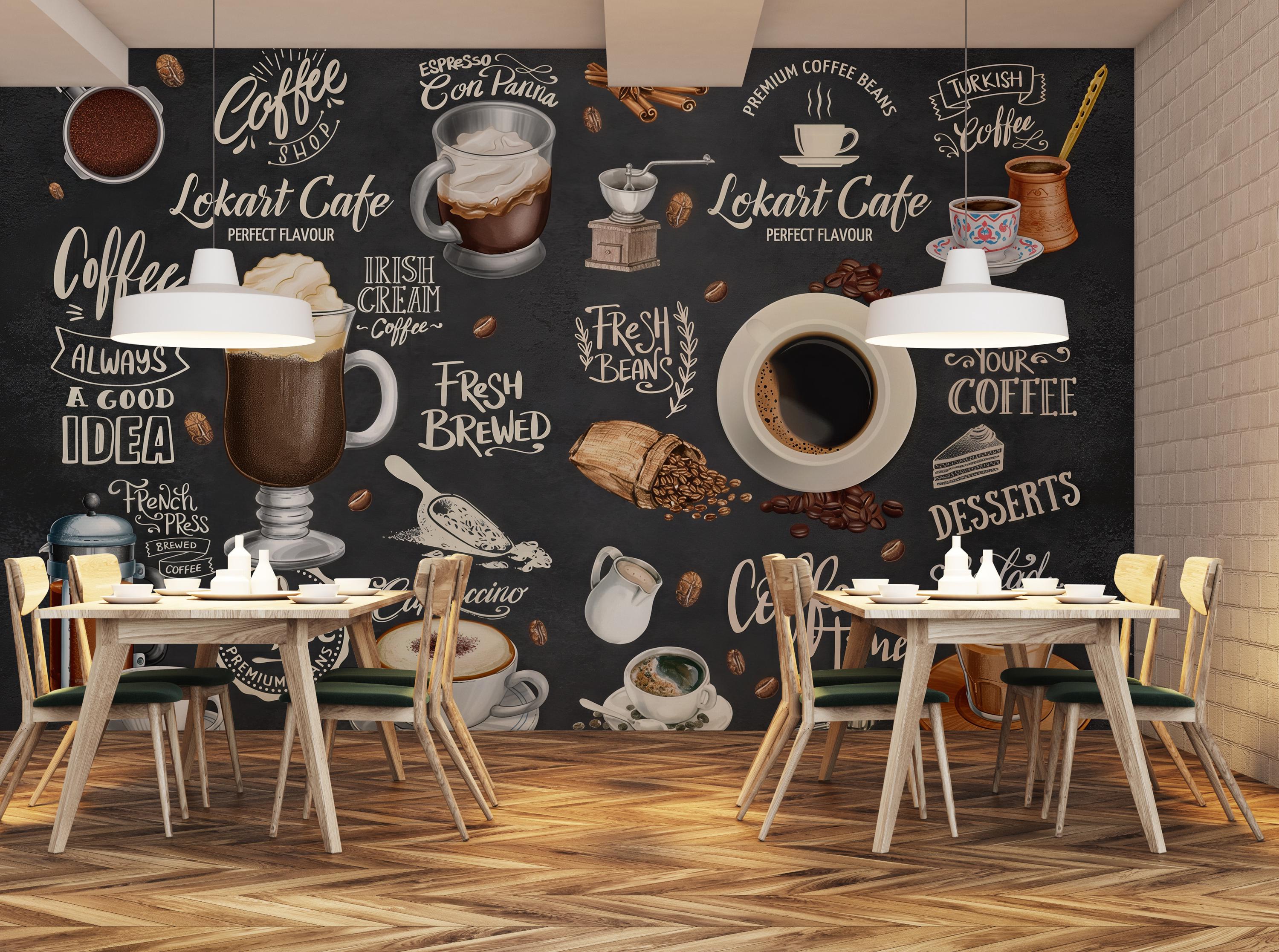 Chalkboard Coffee Shop Wallpaper – Hand-drawn Café Mural for Restaurant ...