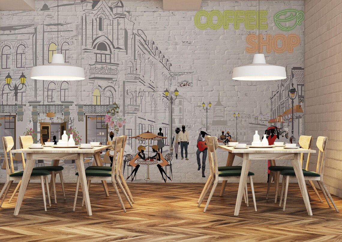 Coffee Shop Mural Wallpaper: Cafe Street Scene Peel and Stick - Etsy