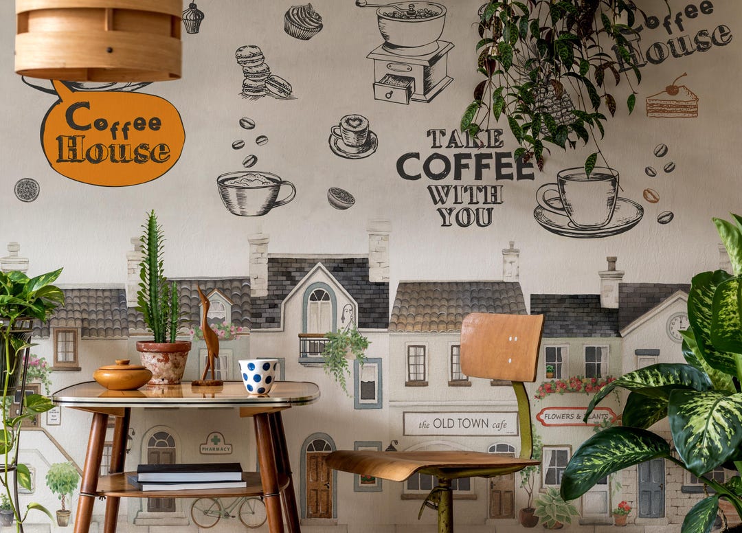 Coffee Shop Mural Wallpaper, Hand Drawn Café Street & Coffee Sketches ...