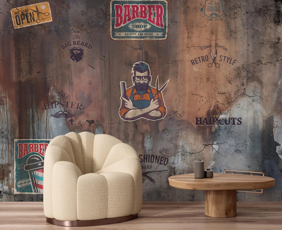 Barber Shop Mural Wallpaper – Retro Peel and Stick Wall Art - Etsy