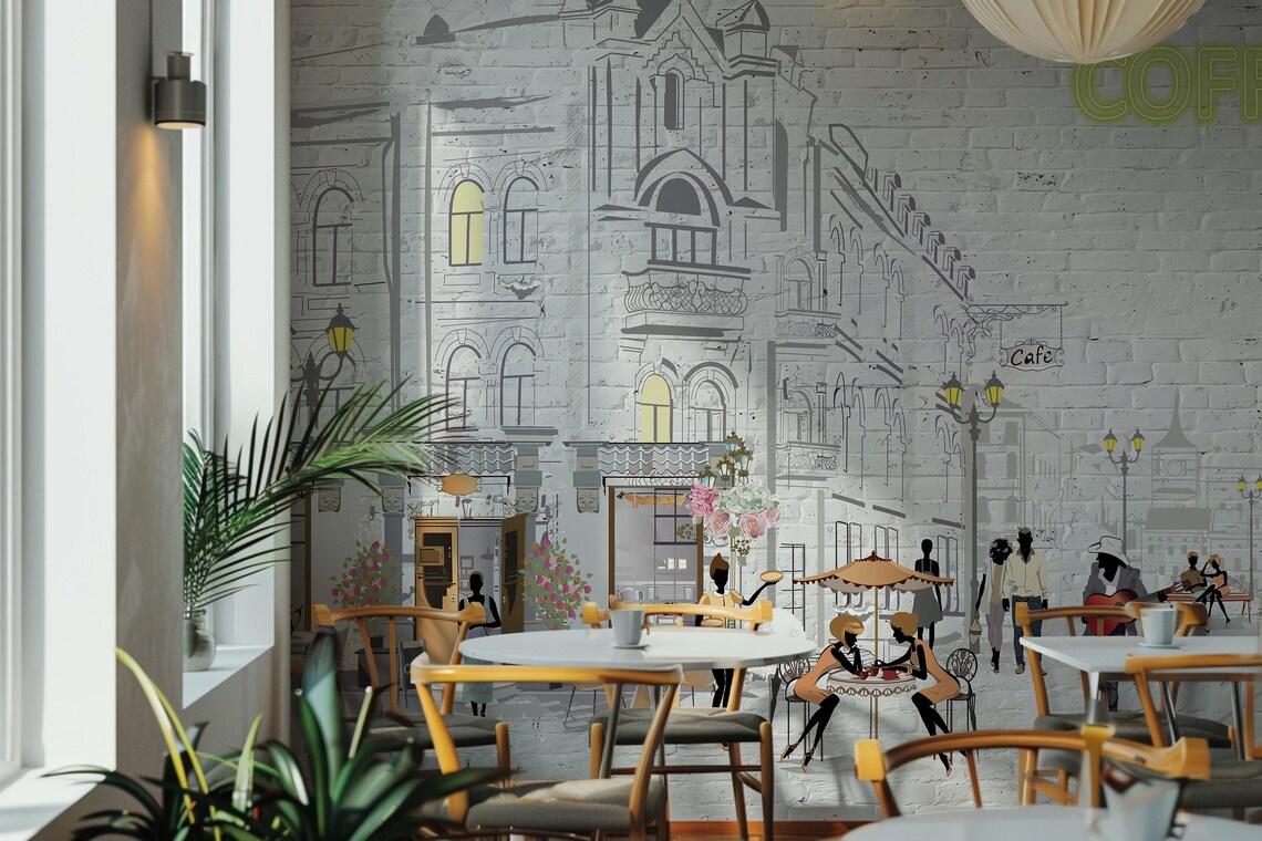 Coffee Shop Mural Wallpaper: Cafe Street Scene Peel and Stick - Etsy